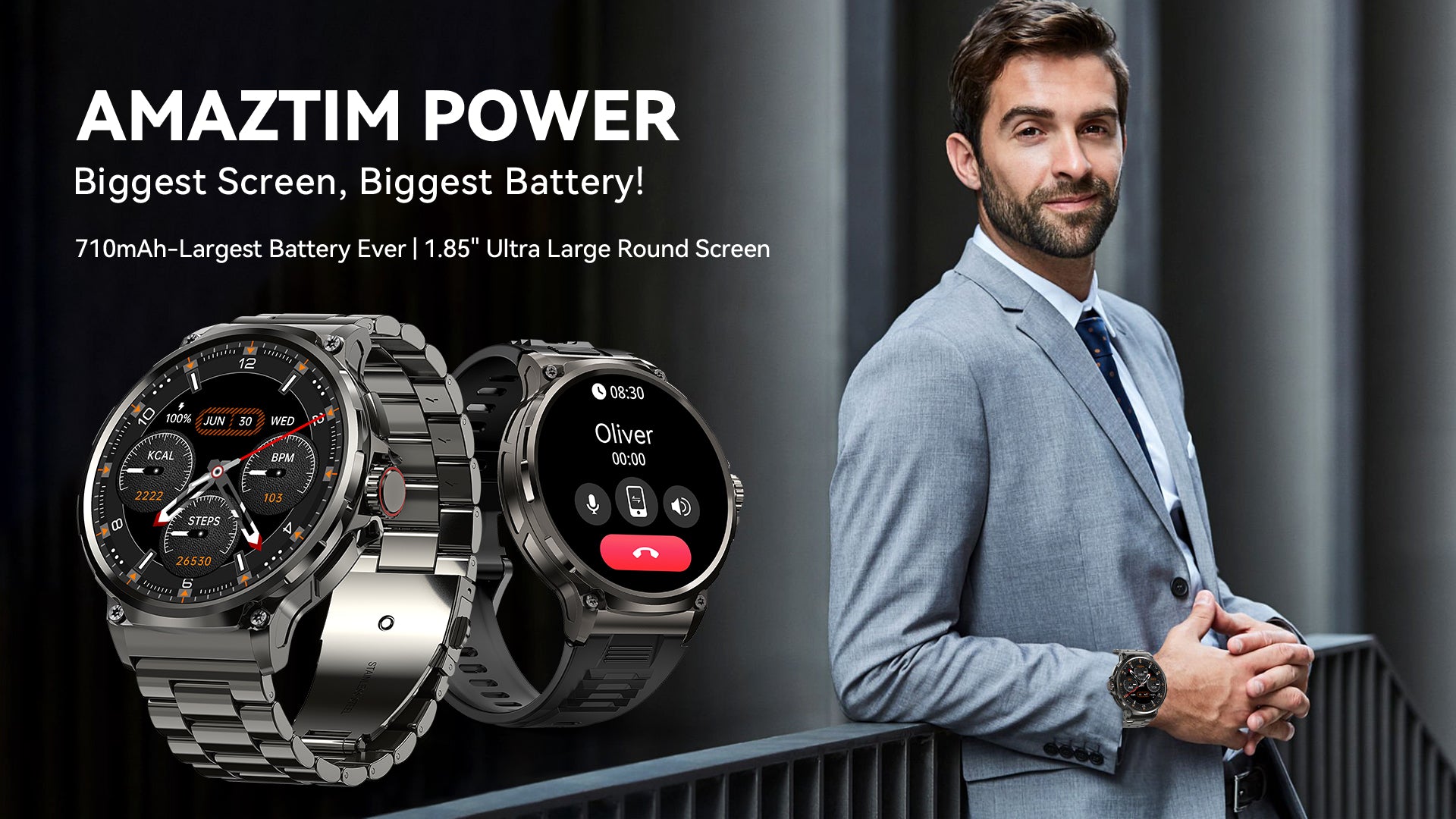 AMAZTIM Smart Watch for Men,1.85" HD Oversized Screen,100 Days Extra-L